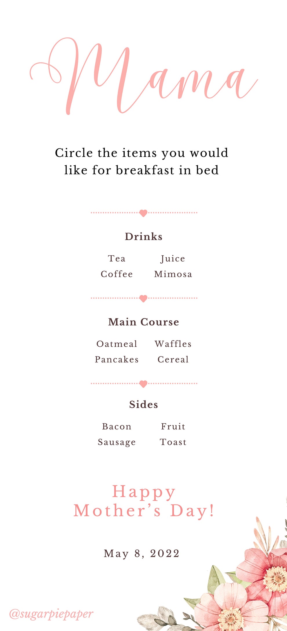 FREE Mother's Day Printable Menu for Moms – Sugar Pie Paper