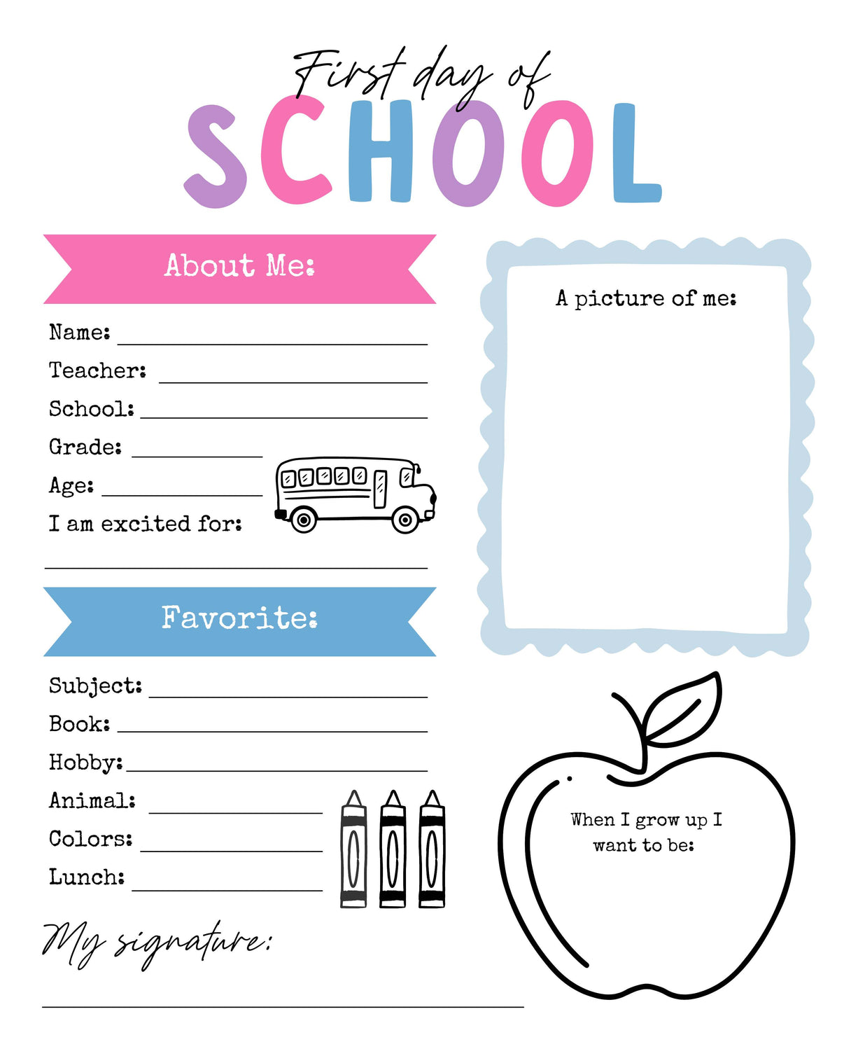 First Day of School Printable Interview – Sugar Pie Paper