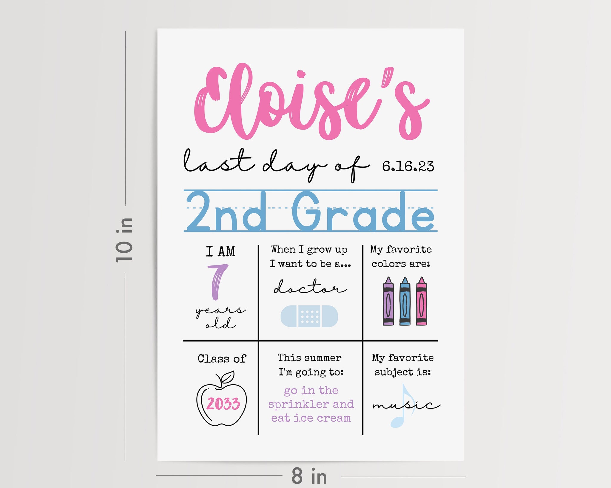 Last Day of Second Grade Sign Girl 8x10 – Sugar Pie Paper